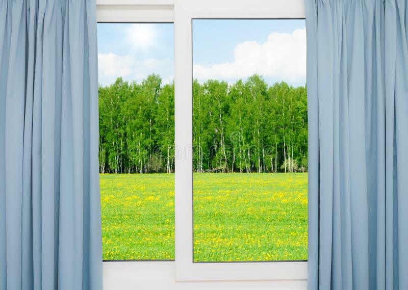Nature Landscape with a View through a Window with Curtains Stock Image ...