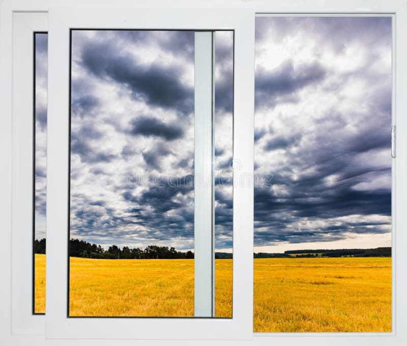 Nature Landscape with View through Window with Curtains Stock Photo ...