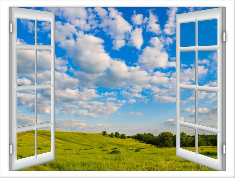 Nature Landscape with a View through a Window with Curtains Stock Image ...