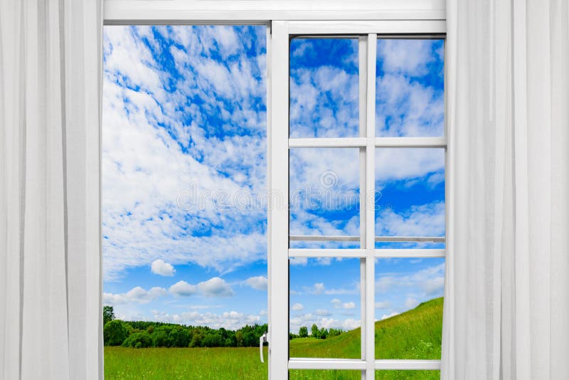 Nature Landscape With A View Through A Window With Curtains Stock Image ...