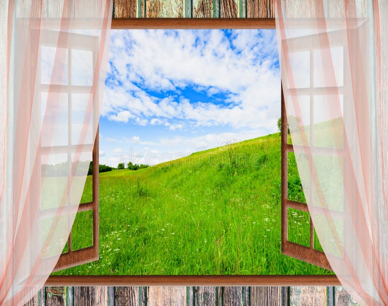 Nature Landscape With A View Through A Window With Curtains Stock Image ...