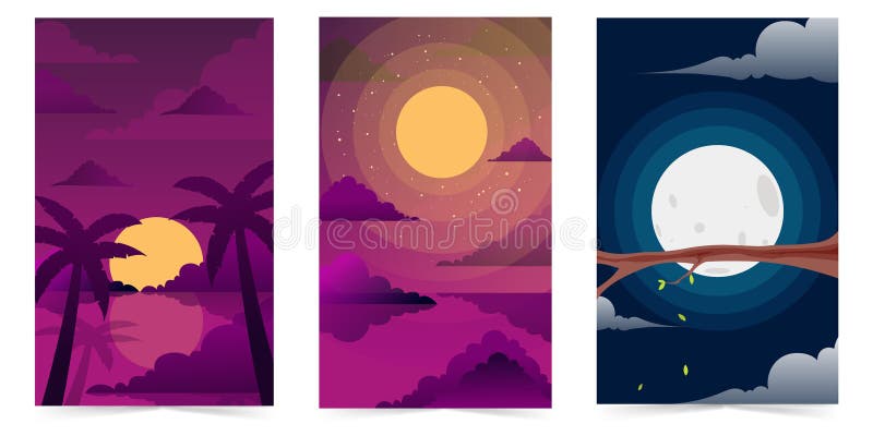 Nature Landscapes at Different Day Time Flat Vector Illustrations Set ...