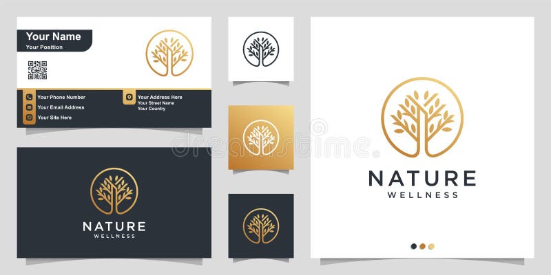 Nature Logo with Simple Golden Tree Concept and Business Card Design ...