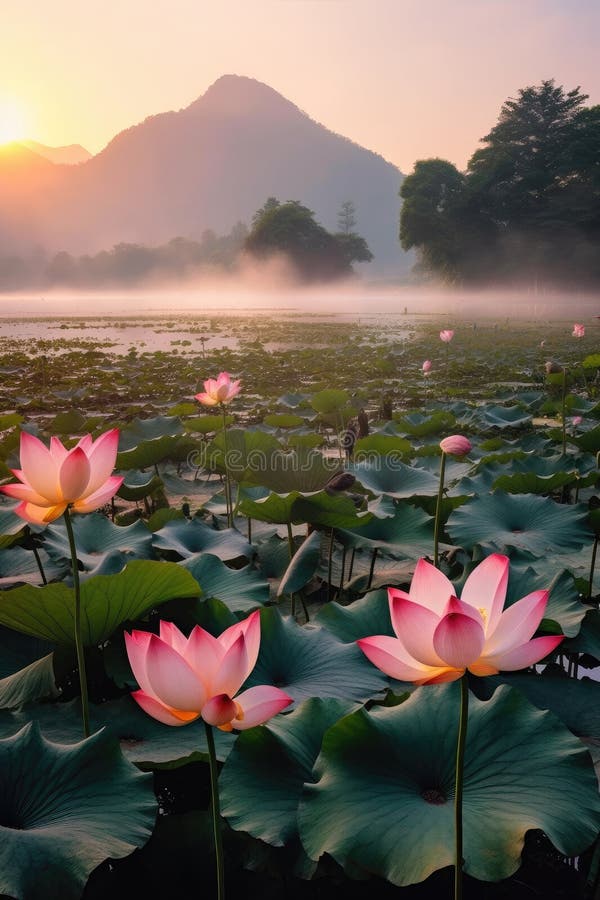 Lotus Lake with Sunshine, AI Generated Stock Illustration ...