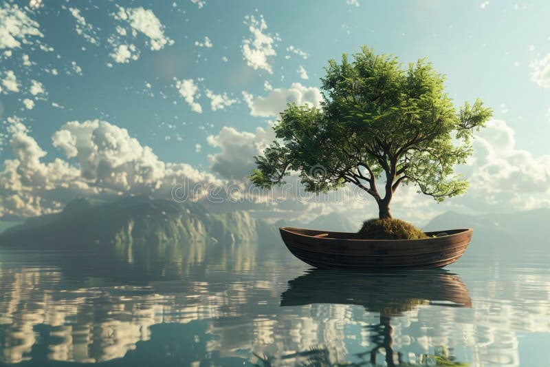 Nature Meets Adventure Boat Floats with Tree Onboard, Whimsical Scene ...