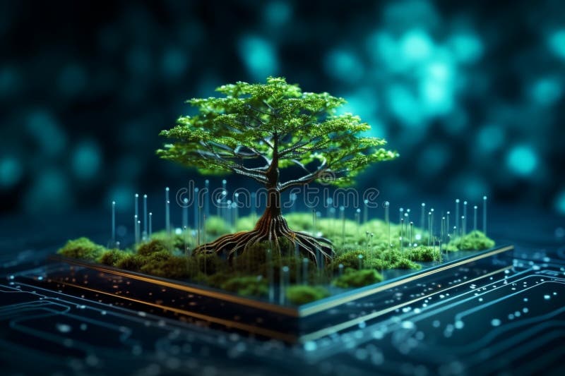 Nature Meets Tech Tree on Circuit Board, Wireframe Network Fusion of ...