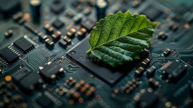Nature Meets Technology: a Leaf on a Circuit Board. Concept Technology ...