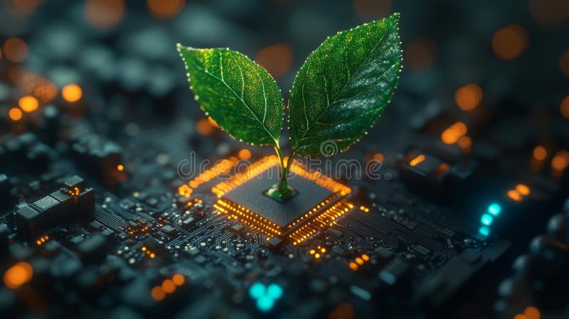 Nature Meets Technology: a Leaf on a Microchip Stock Illustration ...