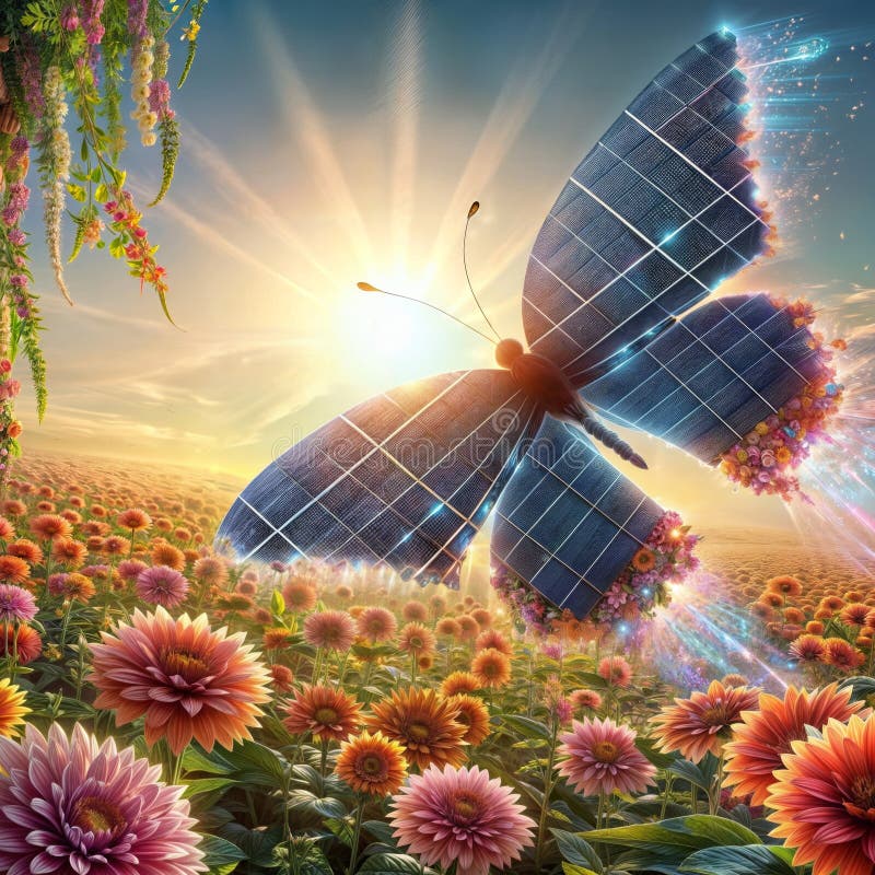 Tech Meets Nature: Solar Butterfly in Field of Flowers, Generative Ai ...