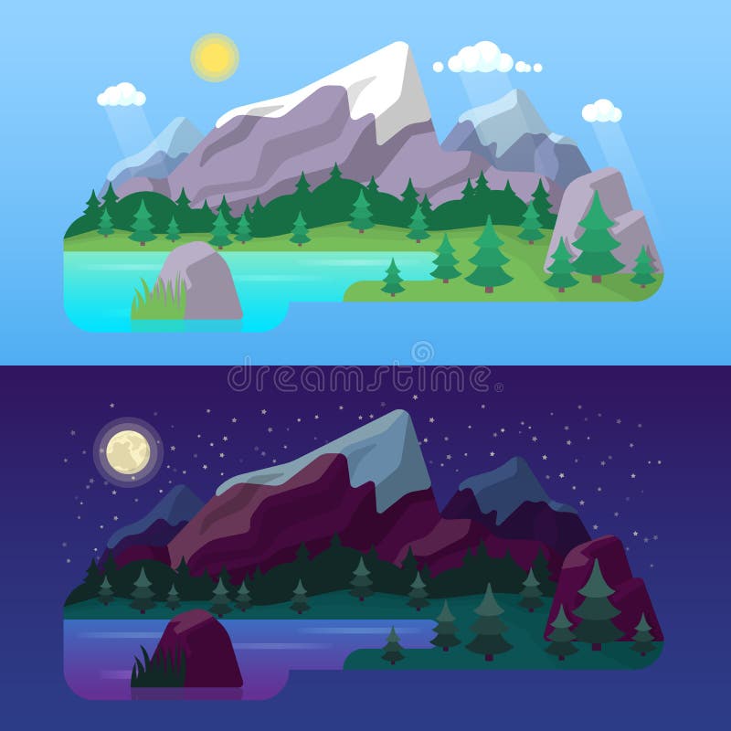 Nature Mountain Landscape Day and Night with Green Forest and Lake ...