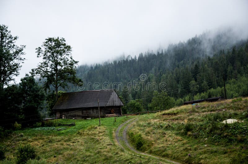 The Nature of the Mountain is the Old Hut and the Fog Stock Image ...