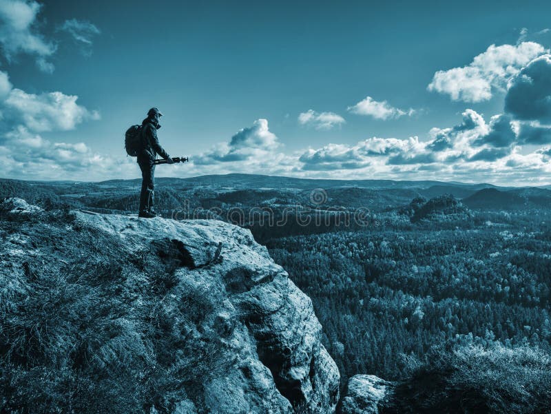 Nature Photographer or Cameraman Setting Tripod before Shooting Stock ...