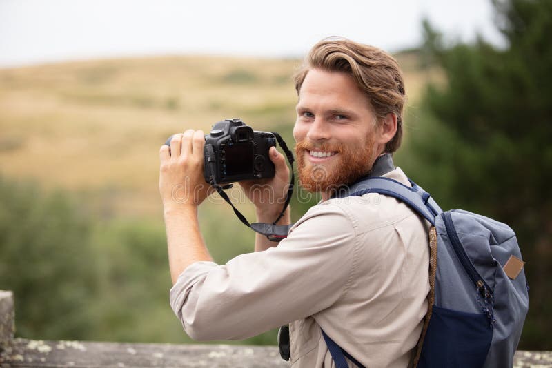 Nature Photographer with Digital Camera on Top Mountain Stock Photo ...