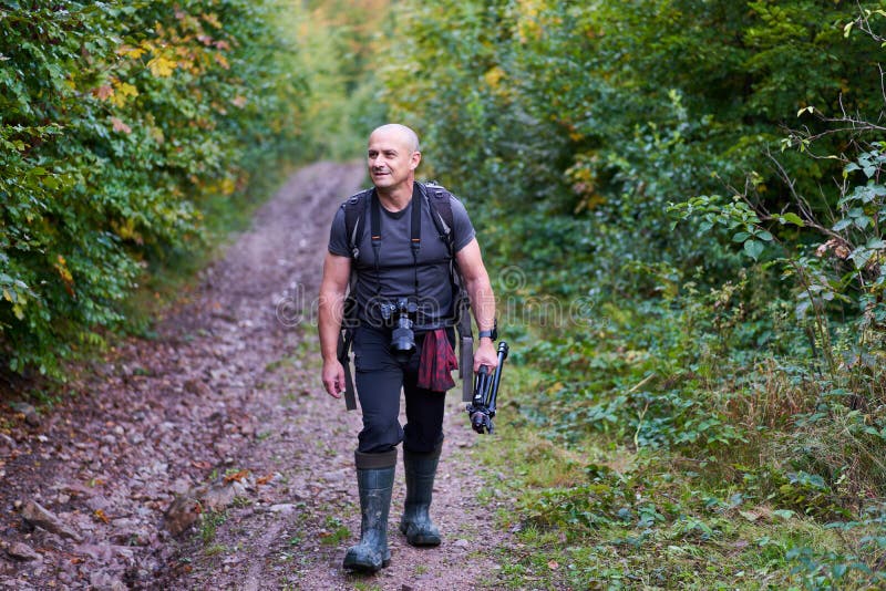 Nature Photographer Hiking in the Forest Stock Image - Image of male ...