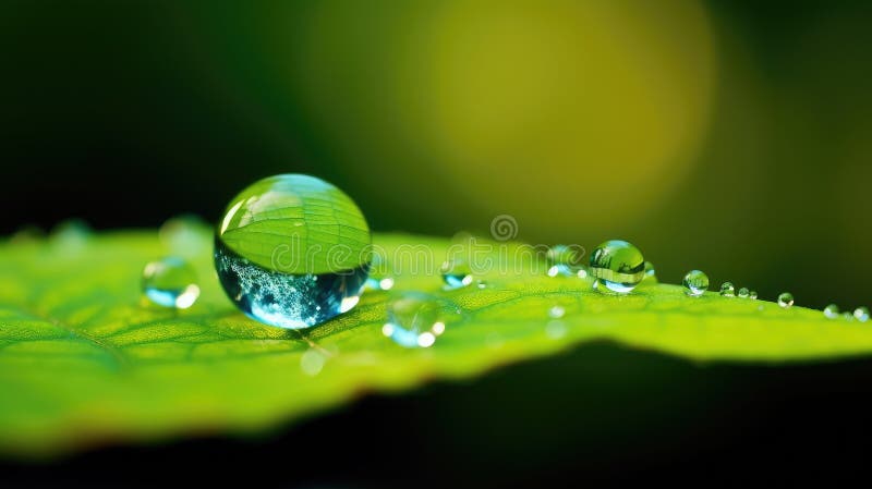 Nature Reflected from Big Rain Water Drop on Light Green Leaf, Close-up ...