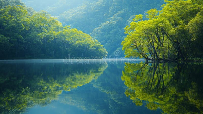 Nature Reflections, Calm Lake Mirroring Lush Greenery, Creating a ...