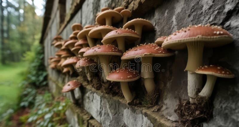 Nature S Artistry - a Wall of Vibrant Mushrooms Stock Illustration ...
