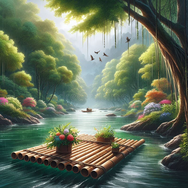 Nature S Drift: Bamboo Raft Floating on the River, Generative AI. Stock ...