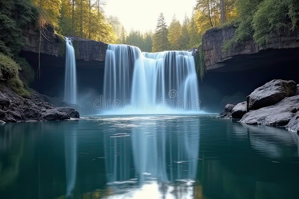 Nature S Majestic Waterfall Reflection Stock Illustration ...