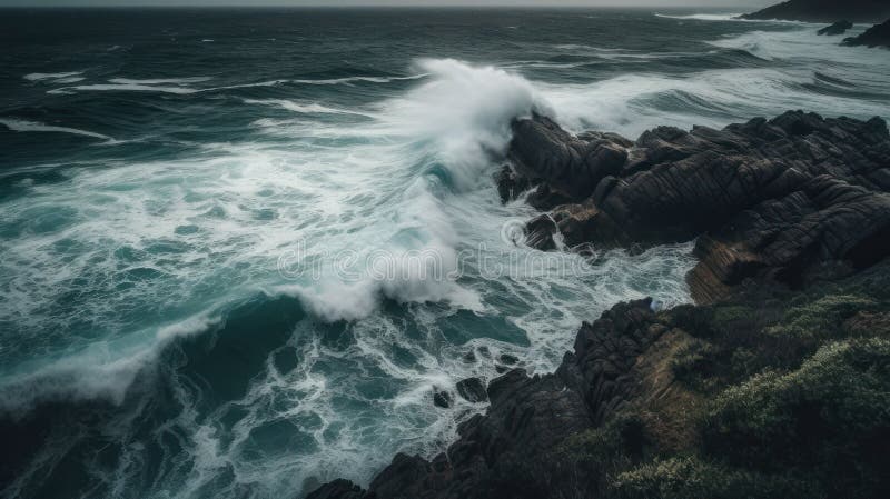 Natureâ€™s Mighty Symphony Aerial View of a Wave Crashing Ashore Stock ...