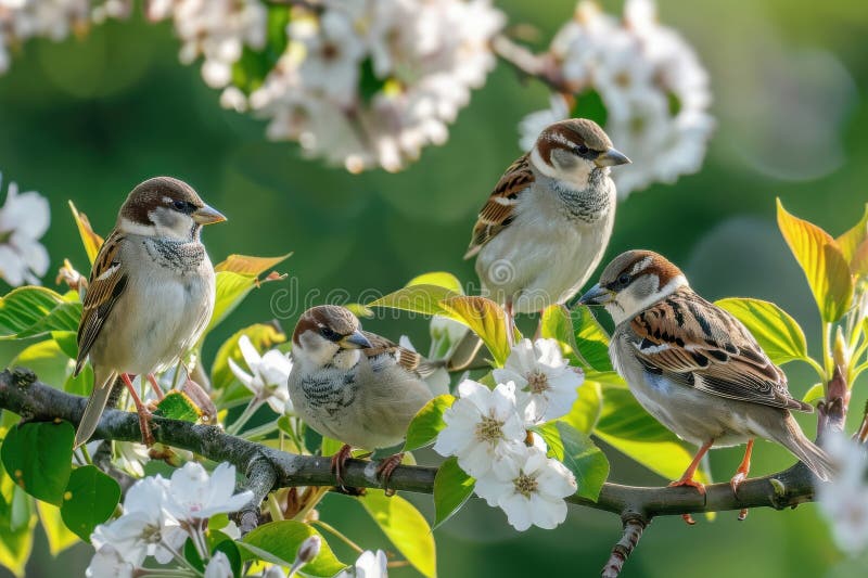 Sparrows on Blooming Lilac Branch with Beautiful Flowers in Spring ...