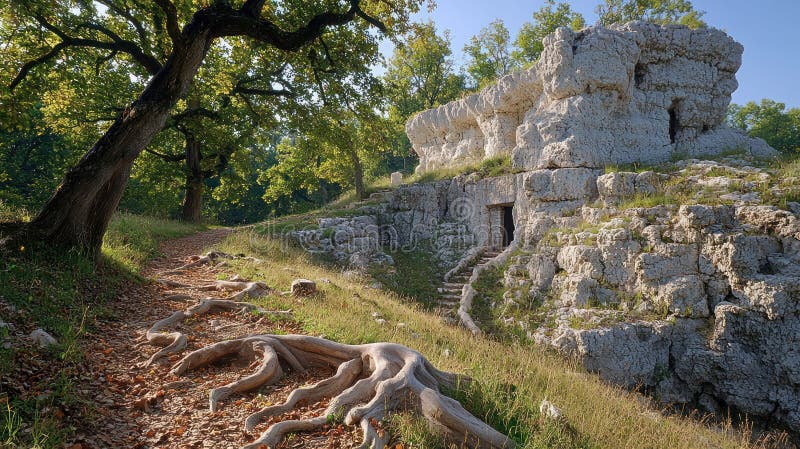 Pathway To Ancient Stone Structure in the Forest Stock Illustration ...