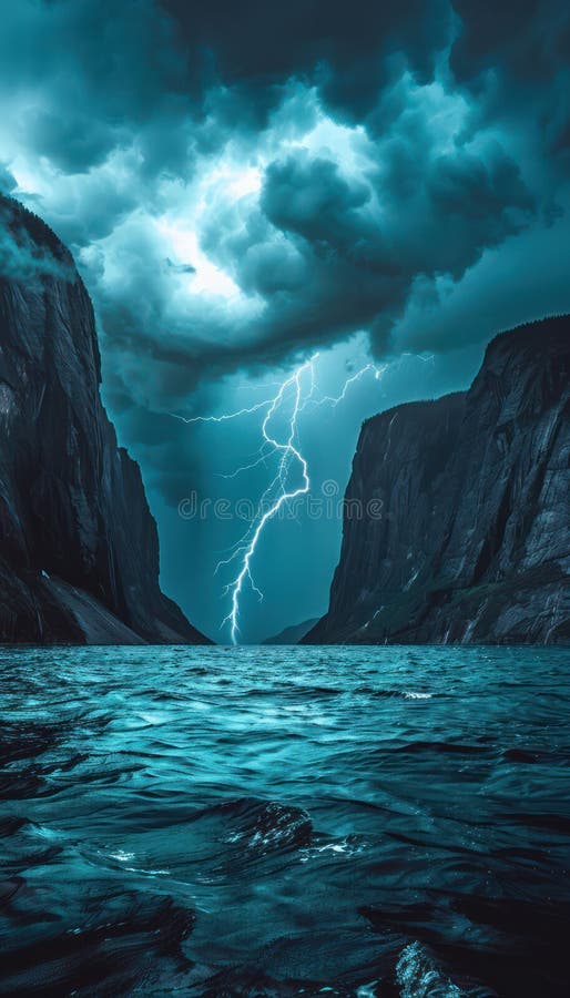 Majestic and Dramatic Thunderstorm Over a Deep Fjord with Powerful ...