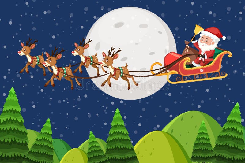 Scene with Santa Flying in the Sky Over the Green Field Stock Vector ...