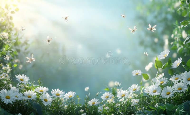 A Nature Scene Featuring a Sunny Spring Meadow, with a Blurred Blue Sky ...