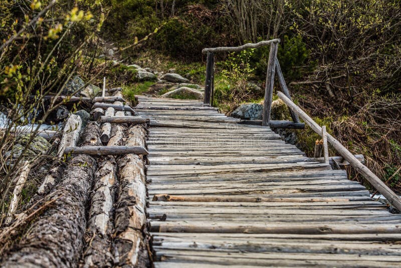 Nature Scene. Old Wooden Bridge Over Mountain River Stock Image - Image ...