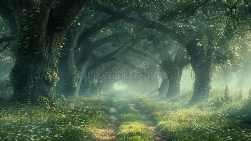 Nature Scene, a Tranquil Forest Pathway Enveloped in Mist and Greenery ...