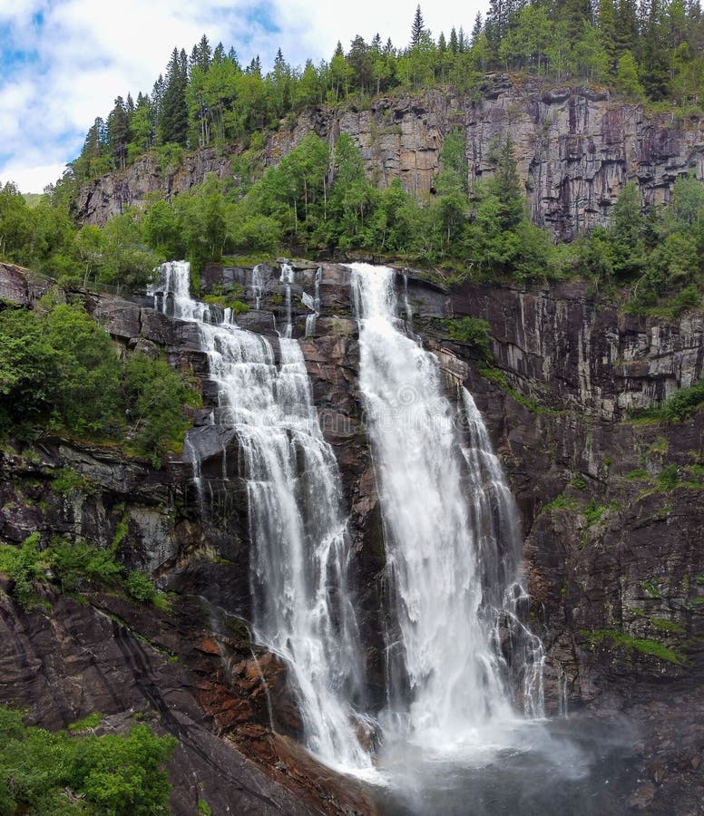 Nature Scene with Waterfalls Flowing into a River Surrounded by Cliffs ...