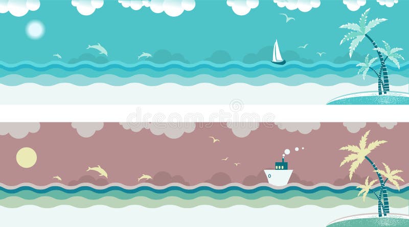 Nature Seascape Banners with Sea Waves and Palms Stock Vector ...