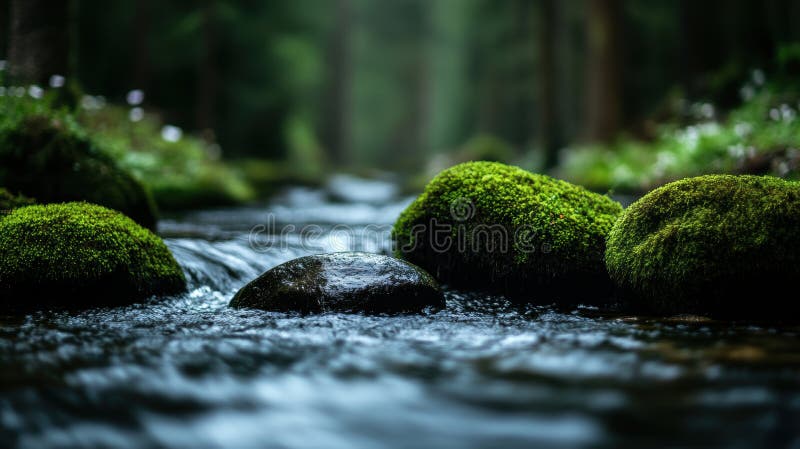 Nature Serenity, a Peaceful Forest Stream Flows Gently Over Moss ...