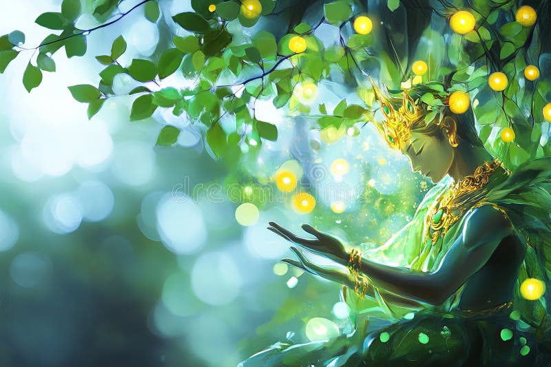 Nature Spirit Opening Hands Under a Magical Tree with Glowing Fruits ...