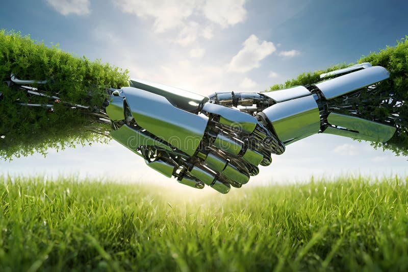 Nature and Technology Abstract Concept Robot Hand with Grass Reaching ...