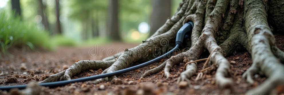 Nature and Technology: Charging Cable Embedded in Tree Roots in Forest ...