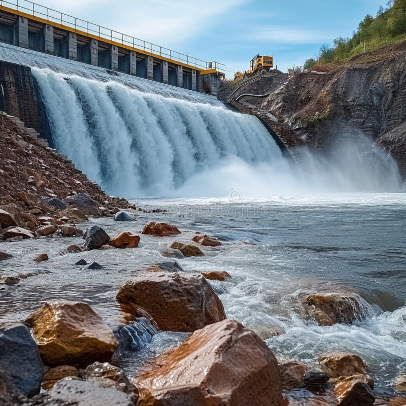 Nature and Technology River Construction with Spillway, Concrete ...
