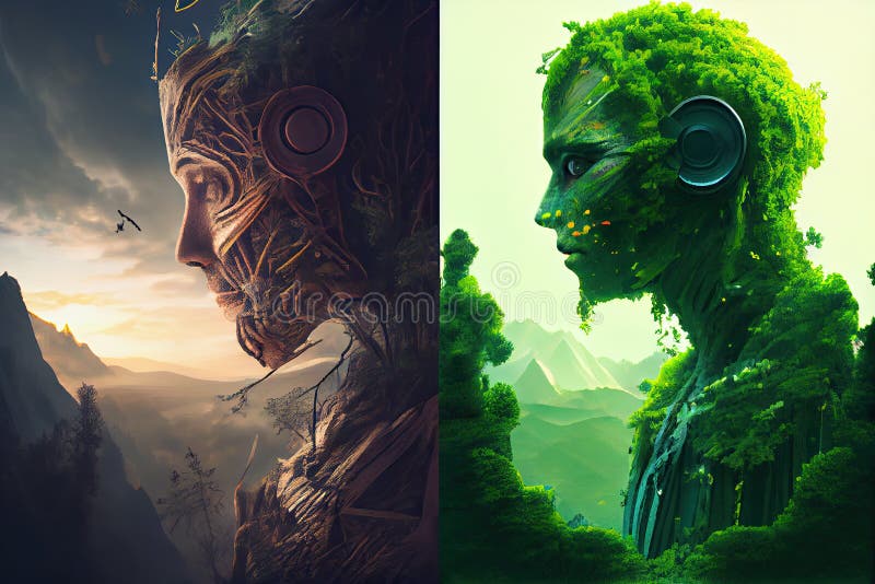 Nature and Technology, Two Faces. Conflict Concept Generative Ai Stock ...