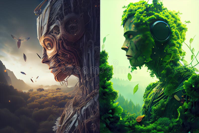 Nature and Technology, Two Faces. Conflict Concept Generative Ai Stock Photo - Image of abstract ...