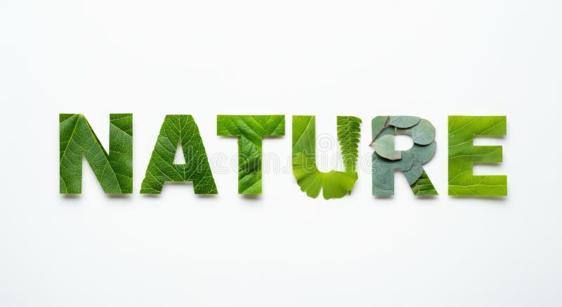 Nature Text with Varied Green Leaves Design on White Background Stock ...