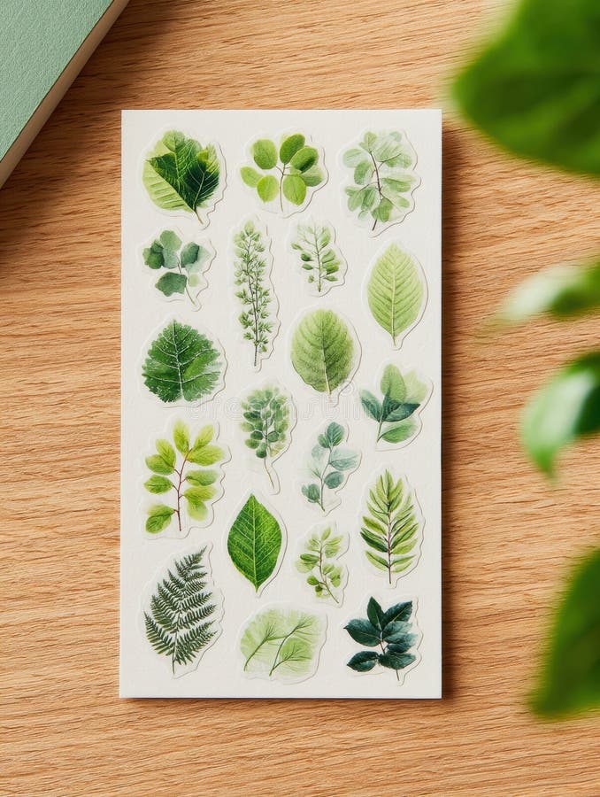 Nature-themed Stickers Showcase Various Leafy Designs on a Wooden ...