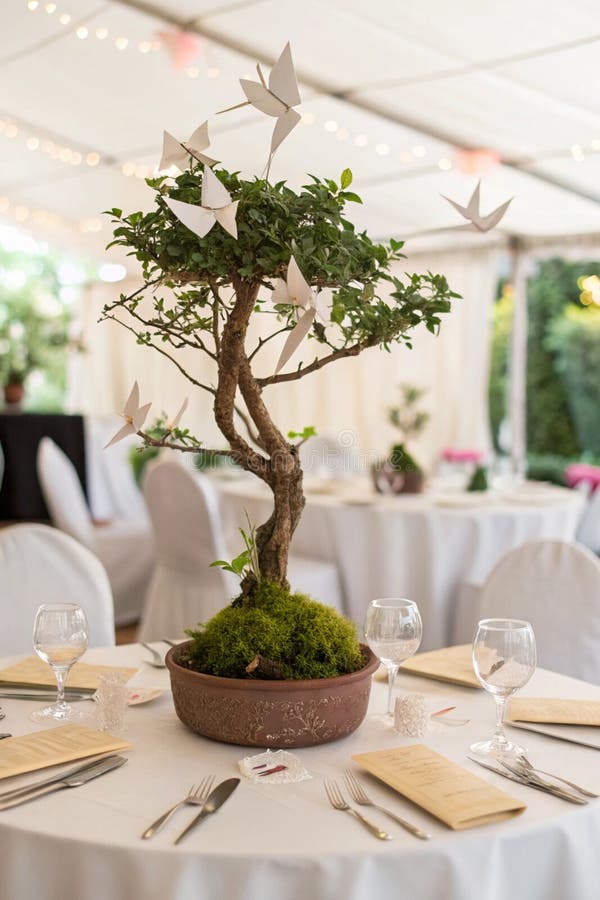 Wedding Table with Bonsai Tree and Origami Birds Stock Illustration ...