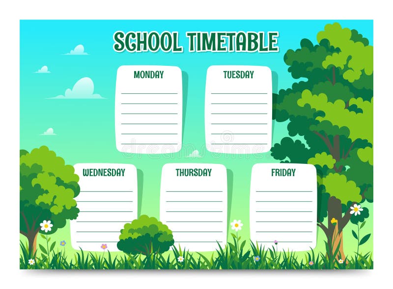 Nature Timetable Vector Background with Vibrant Green Landscape Stock ...