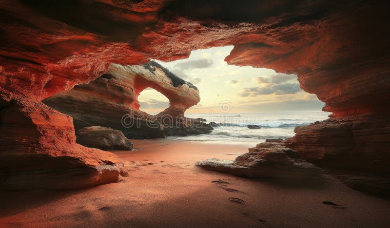 Nature and Travel Concept with a Sunset Cave Edit Stock Illustration ...