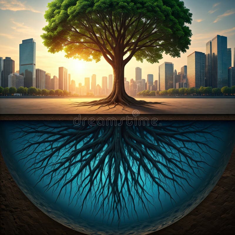 Nature and Urban Harmony: Tree with Deep Roots Against City Skyline ...