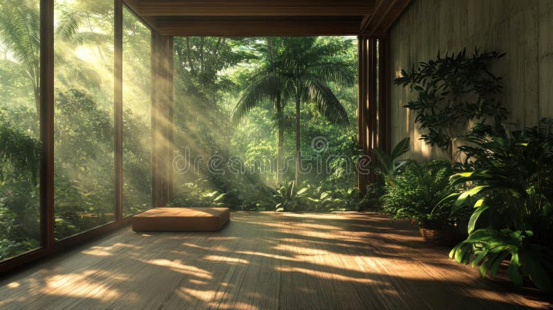 Nature Views from Inside a Building with Serene Theme, Wooden Floor and ...