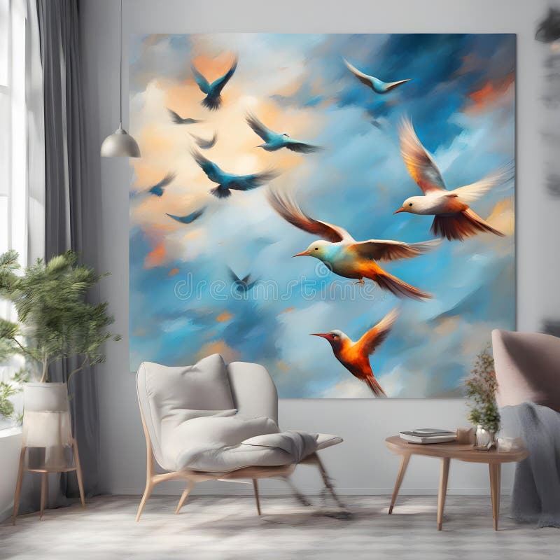 Nature Wall Art Panel of Birds Flying in Sky Abstract Background Stock ...