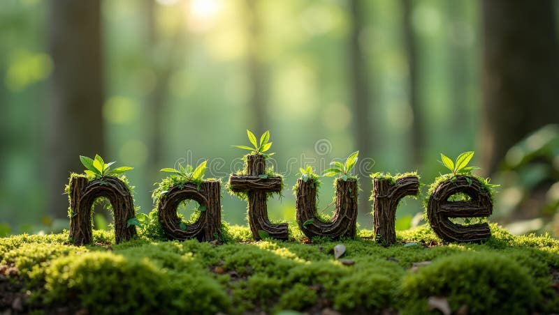 Nature Word Spelled with Twigs and Leaves on Moss in Forest Clearing ...