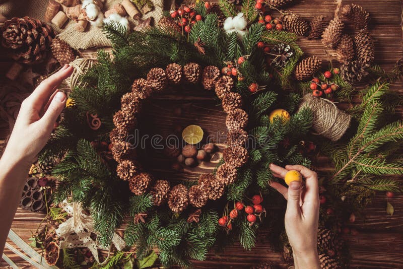 Nature Wreath Making Top View on the Table Stock Photo - Image of fruit ...